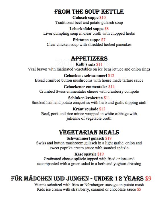 Menu at Das Edelweiss restaurant, Balgowlah