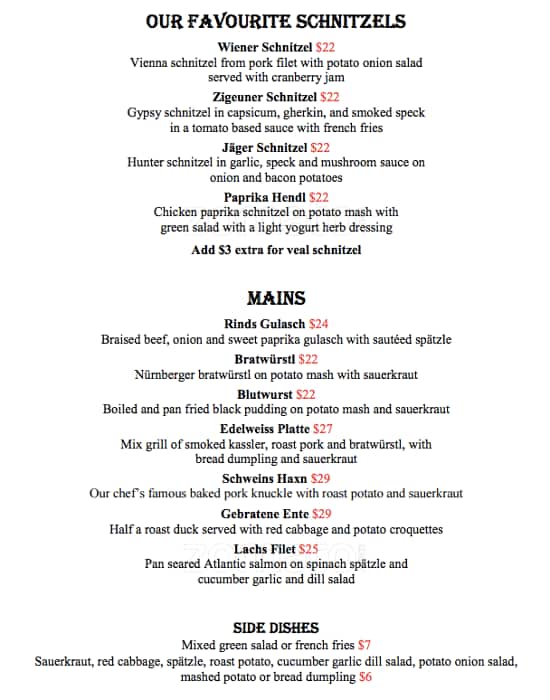 Menu at Das Edelweiss restaurant, Balgowlah