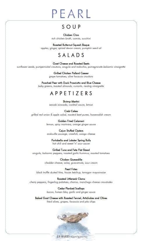 Menu at Pearl restaurant, Red Bank