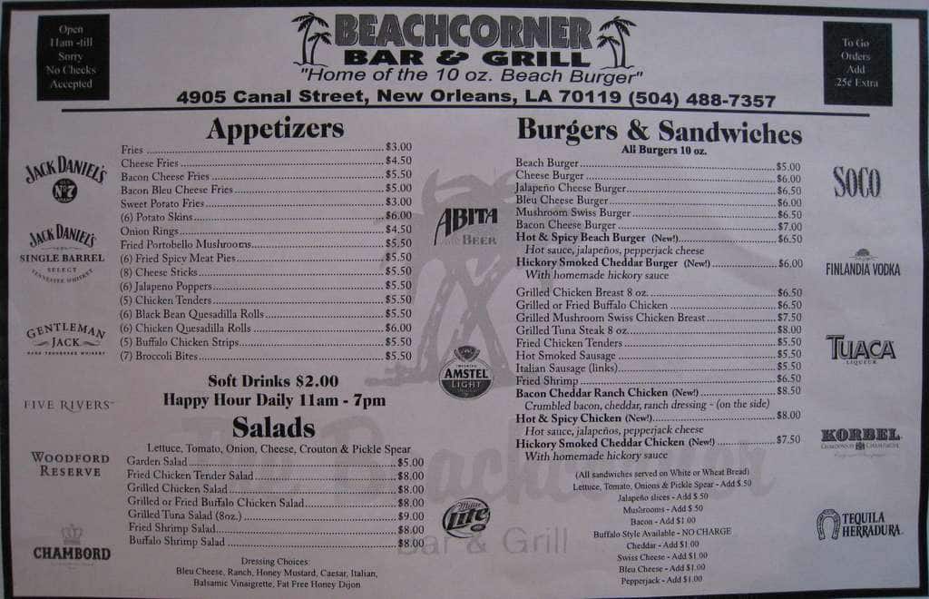 Menu at Beachcorner Bar & Grill, New Orleans