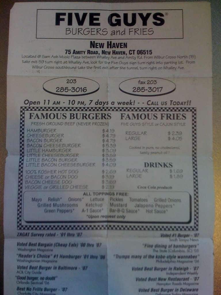 Five Guys Burgers And Fries Menu