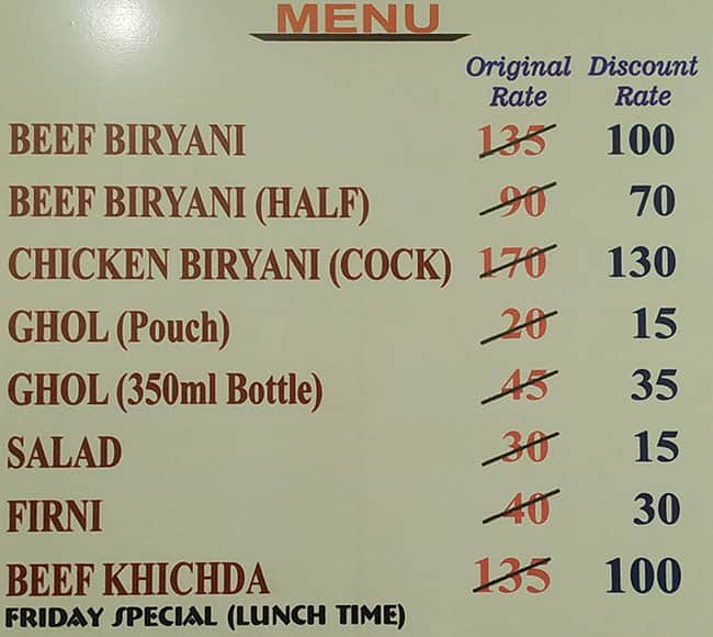Menu of Zafran, Entally, Kolkata