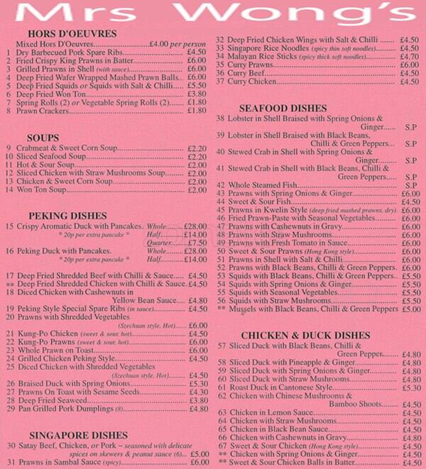 Mrs Wong's Chinese Menu, Menu for Mrs Wong's Chinese, Streatham, London ...