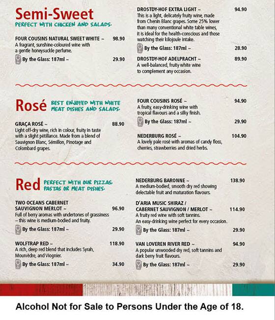 Menu at Panarottis Pizza Pasta, South Africa