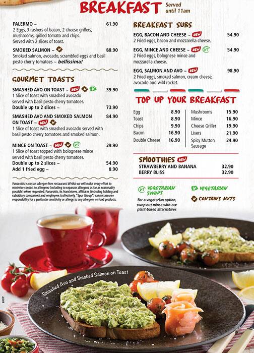 Menu at Panarottis Pizza Pasta, South Africa