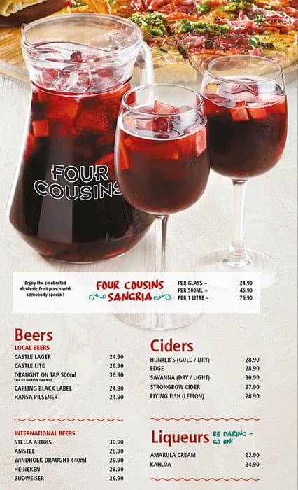 Menu at Panarottis Pizza Pasta, South Africa