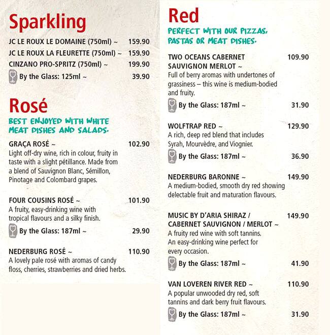 Menu at Panarottis restaurant, Boksburg