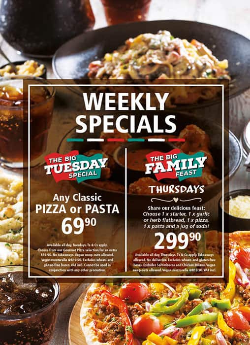 Menu at Panarottis Pizza Pasta, South Africa