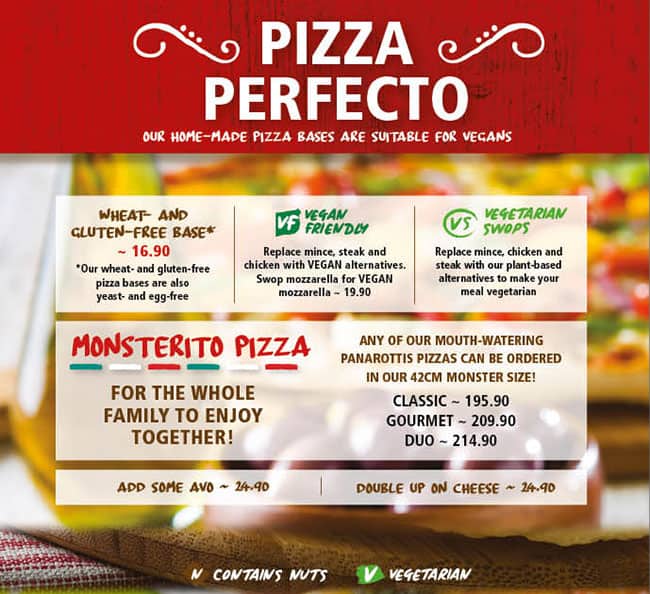 Menu at Panarottis Pizza Pasta, South Africa