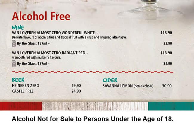 Menu at Panarottis Pizza Pasta, South Africa