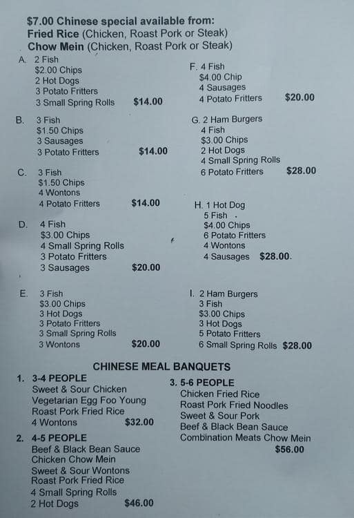 Menu at Splendid fast food, Auckland