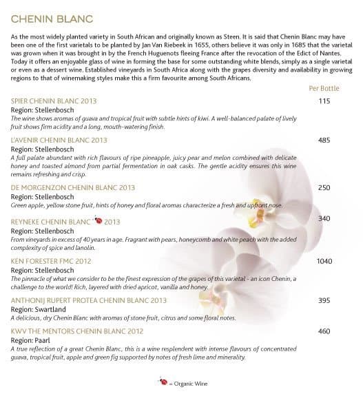 Menu at The Sugar Club, Durban