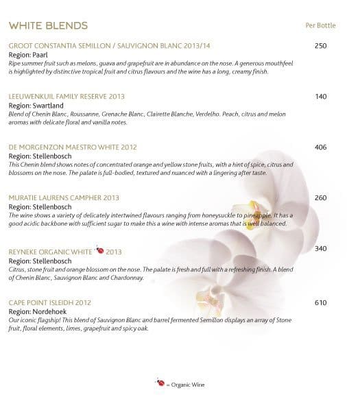 Menu at The Sugar Club, Durban