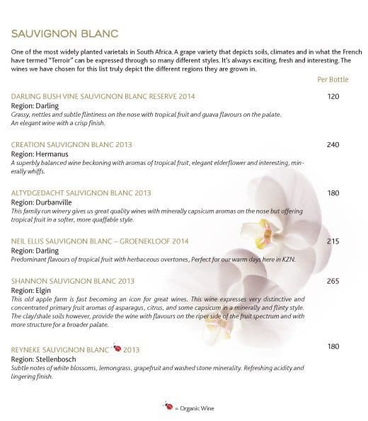 Menu at The Sugar Club, Durban