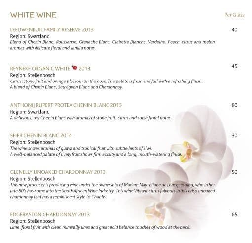 Menu at The Sugar Club, Durban