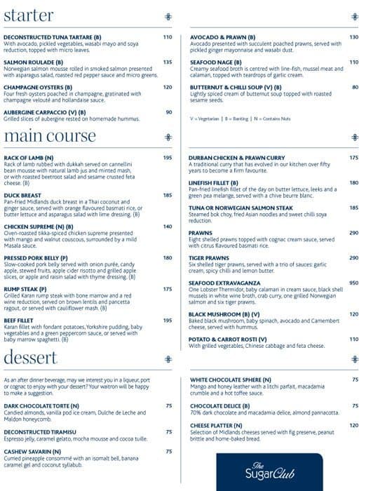 Speisekarte von The Sugar Club, Durban