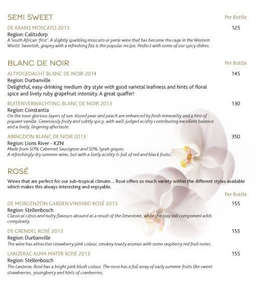 Menu at The Sugar Club, Durban