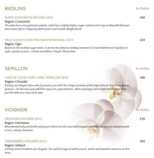 Menu at The Sugar Club, Durban