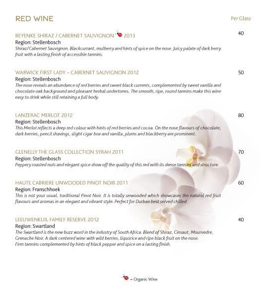 Menu at The Sugar Club, Durban