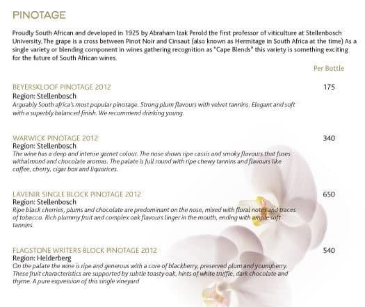 Menu at The Sugar Club, Durban