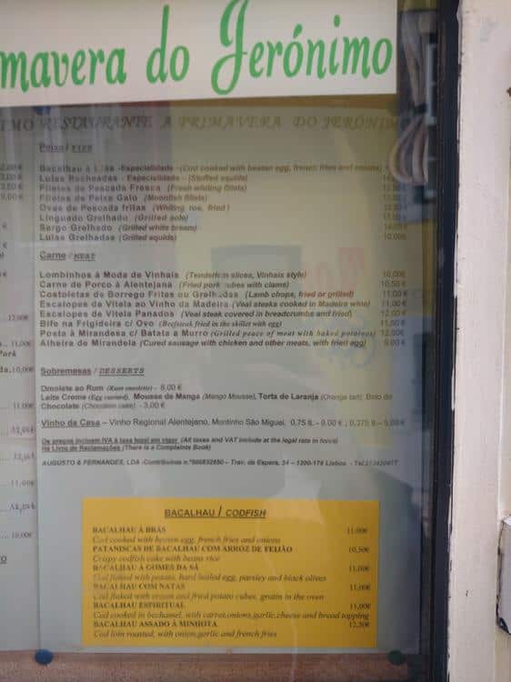 Menu at A Primavera do Jerónimo restaurant, Lisbon