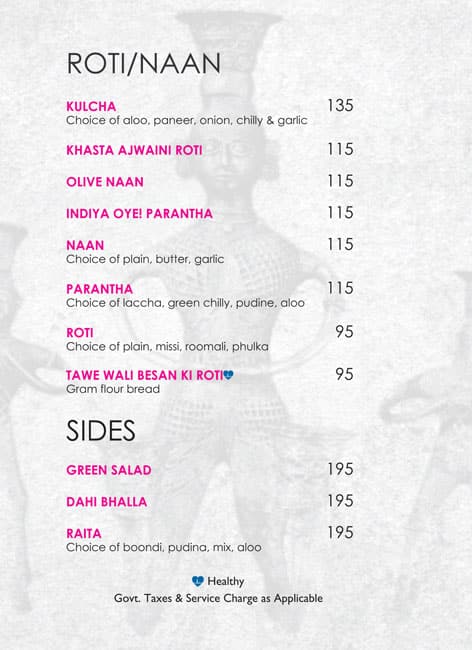 Menu at Indiya Oye - Radisson Blu hotel, Indore