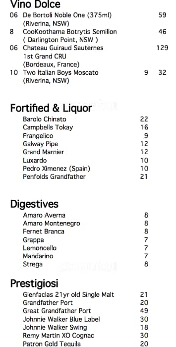 Menu at Cala Luna restaurant, Mosman