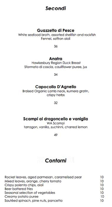 Menu at Cala Luna restaurant, Mosman