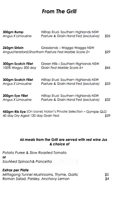 Menu at Cala Luna restaurant, Mosman