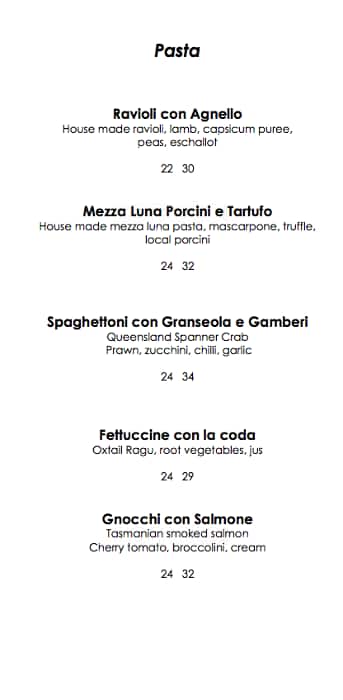 Menu at Cala Luna restaurant, Mosman