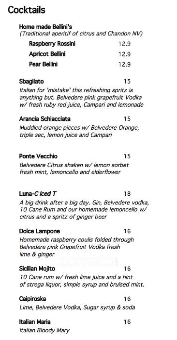 Menu at Cala Luna restaurant, Mosman