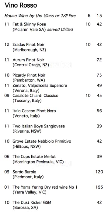 Menu at Cala Luna restaurant, Mosman