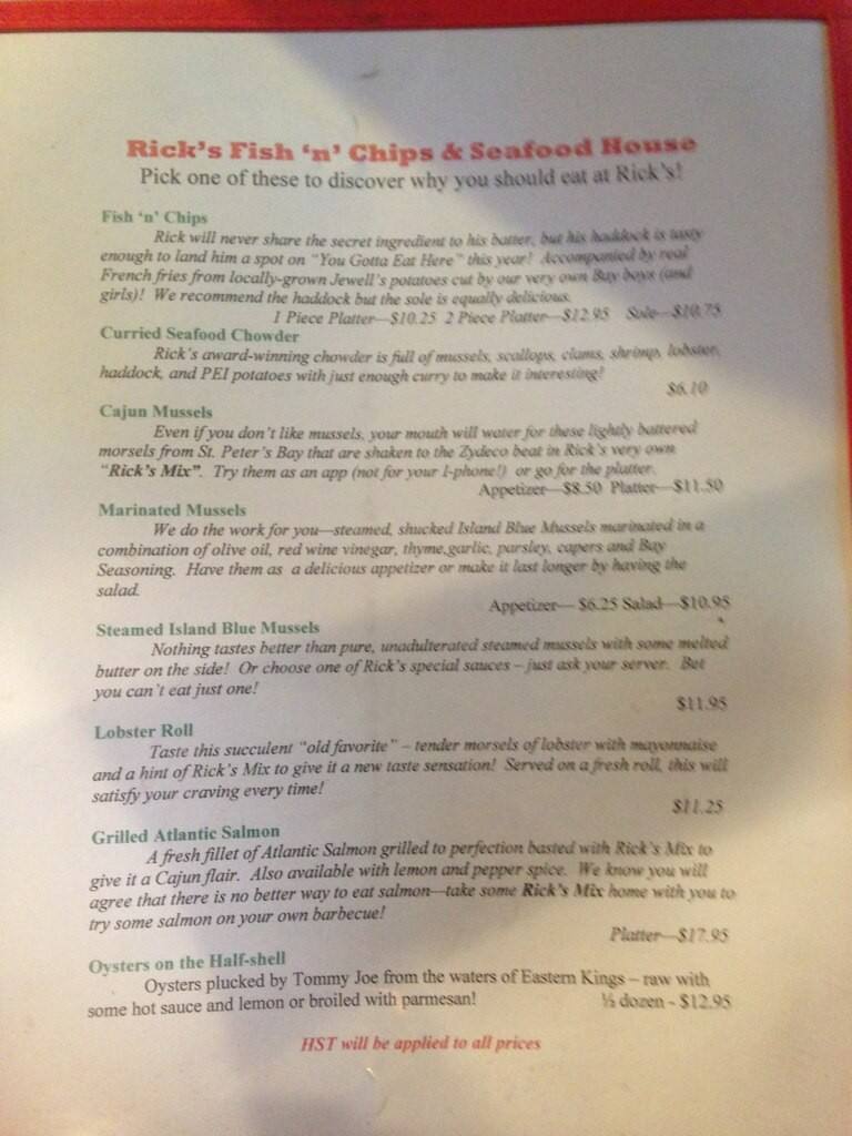 Menu at Rick's Fish& Chips'n'Seafood House, Saint Peters Bay, Hwy 2