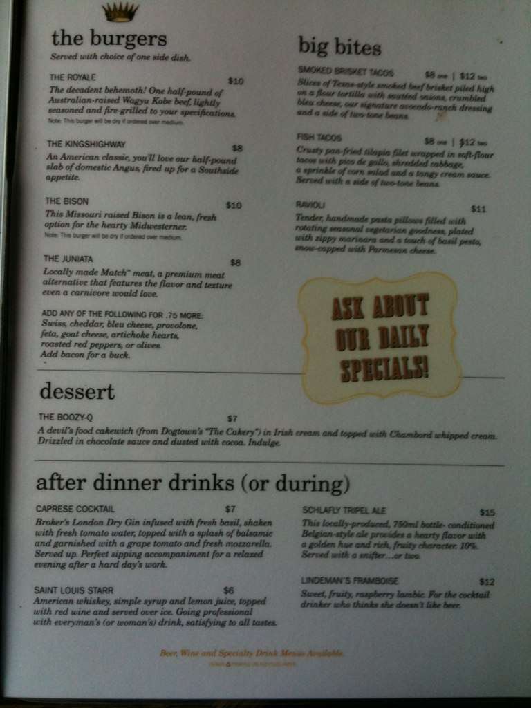 Menu at The Royale Food & Spirits pub & bar, St. Louis