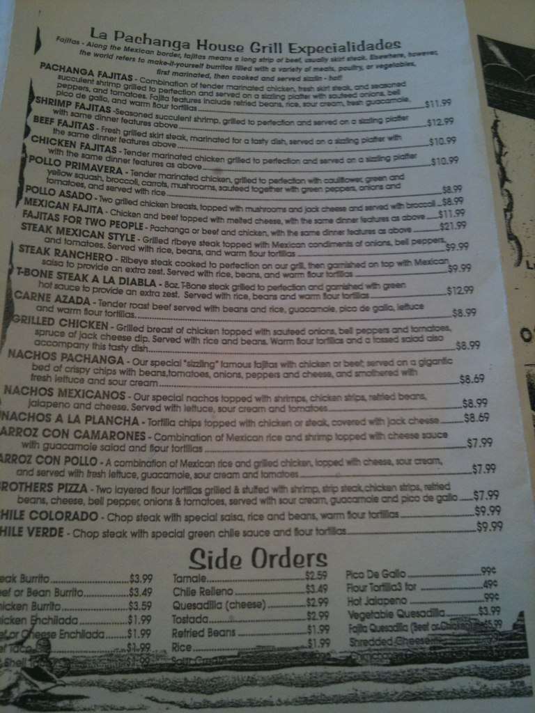 Menu at La Pachanga restaurant, Crystal City, 203 N Truman Blvd