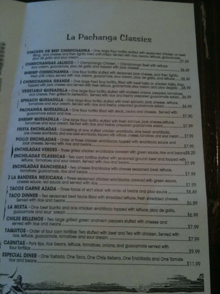 Menu at La Pachanga restaurant, Crystal City, 203 N Truman Blvd