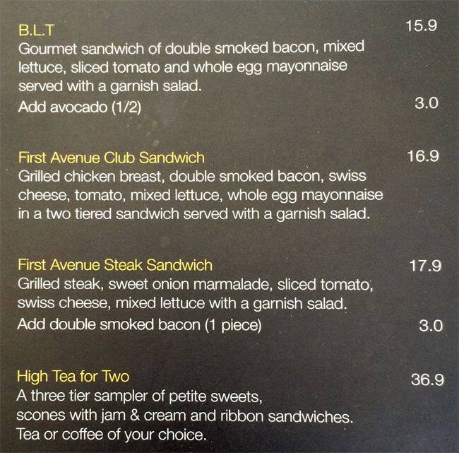 Menu at First Avenue cafe, Main Beach, Marina Mirage