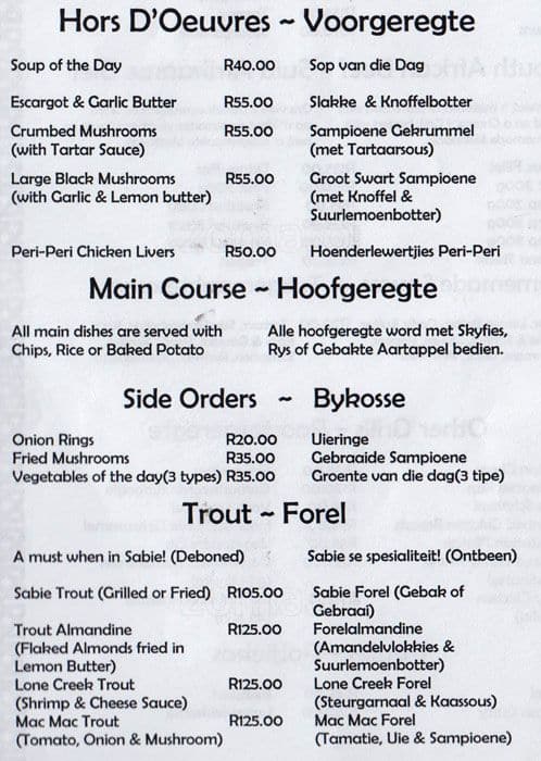 Menu at Merry Pebbles Restaurant, Sabie
