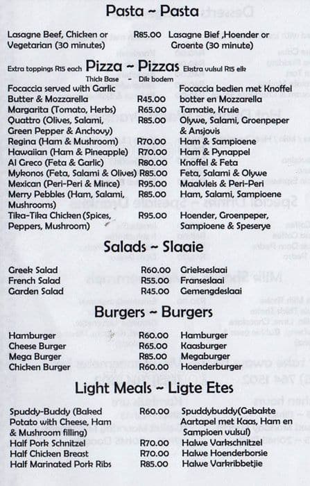 Menu at Merry Pebbles Restaurant, Sabie