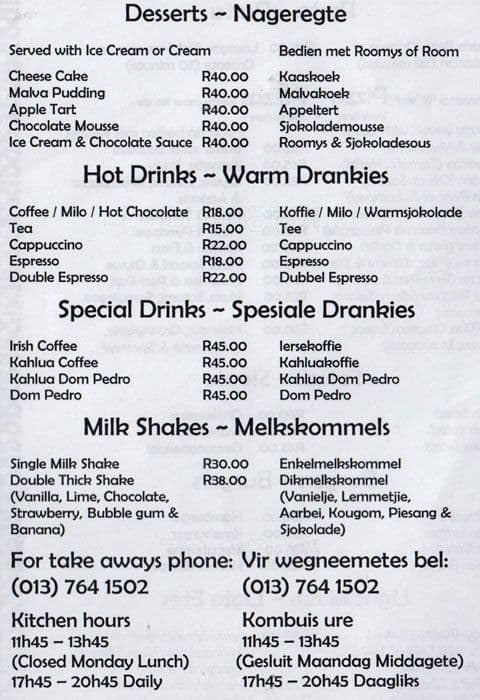Menu at Merry Pebbles Restaurant, Sabie