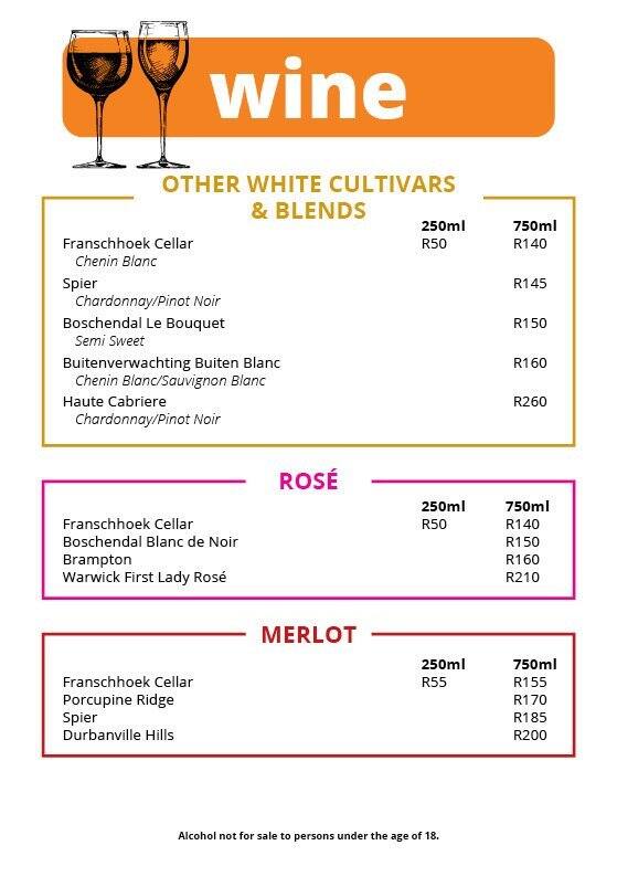 Menu au Hogshead pub et bar, Pretoria