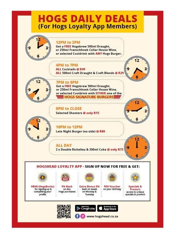 Menu au Hogshead pub et bar, Pretoria