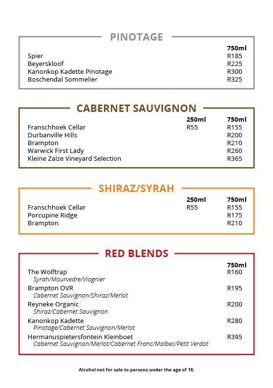 Menu au Hogshead pub et bar, Pretoria