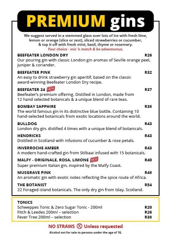 Menu au Hogshead pub et bar, Pretoria