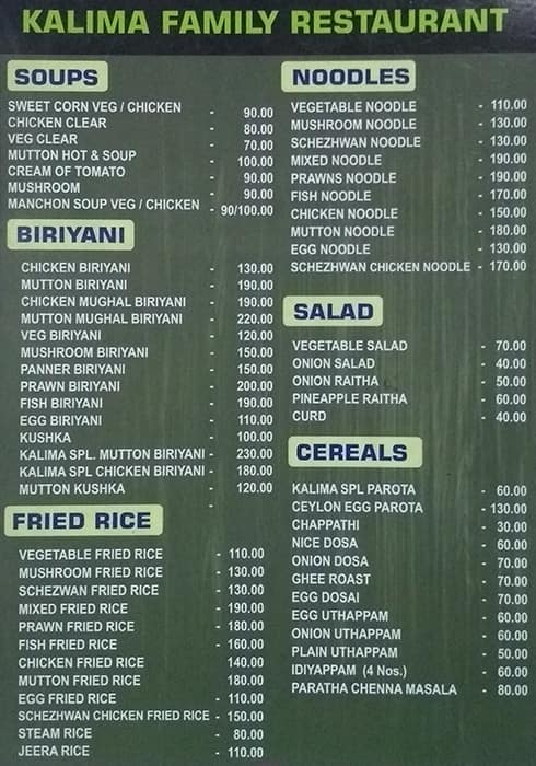 Menu at Kalima Family Restaurant, Chennai