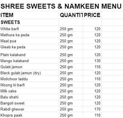 Menu at Shree Sweets & Namkeen, Ajmer
