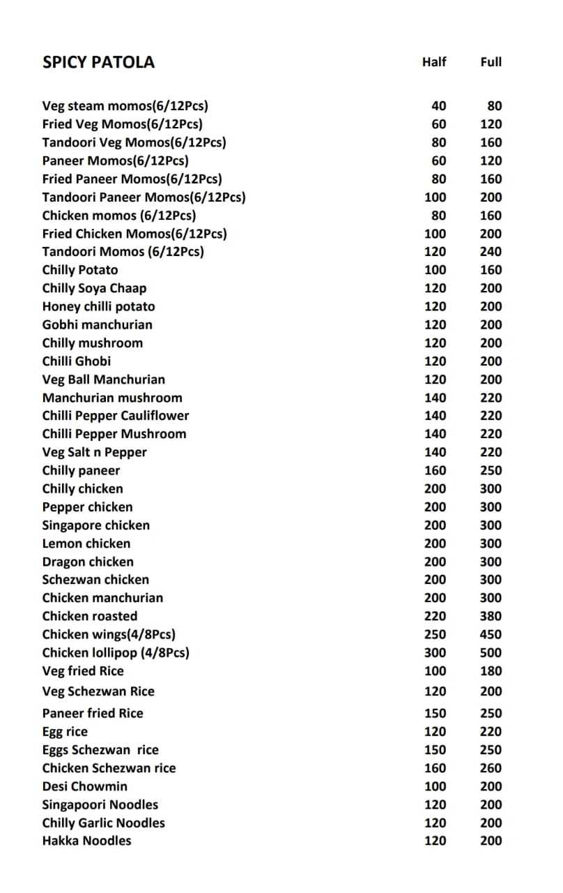 Menu of Spicy Patola, Sector 7, Gurgaon
