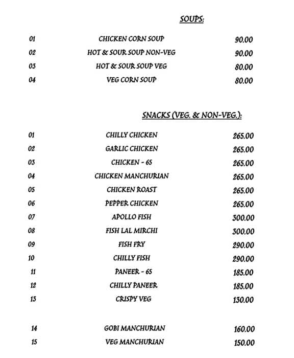 Menu of Taramati Baradari, Langer Houz, Hyderabad