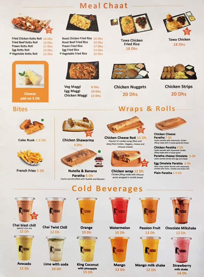 Menu of Chaiwala Colombo Cafe, Oud Metha, Dubai