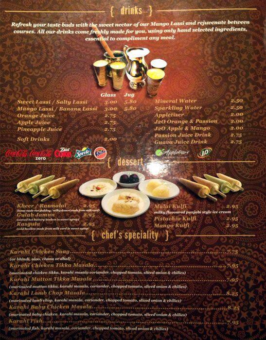 Menu at Tayyabs restaurant, London, 83-89 Fieldgate St